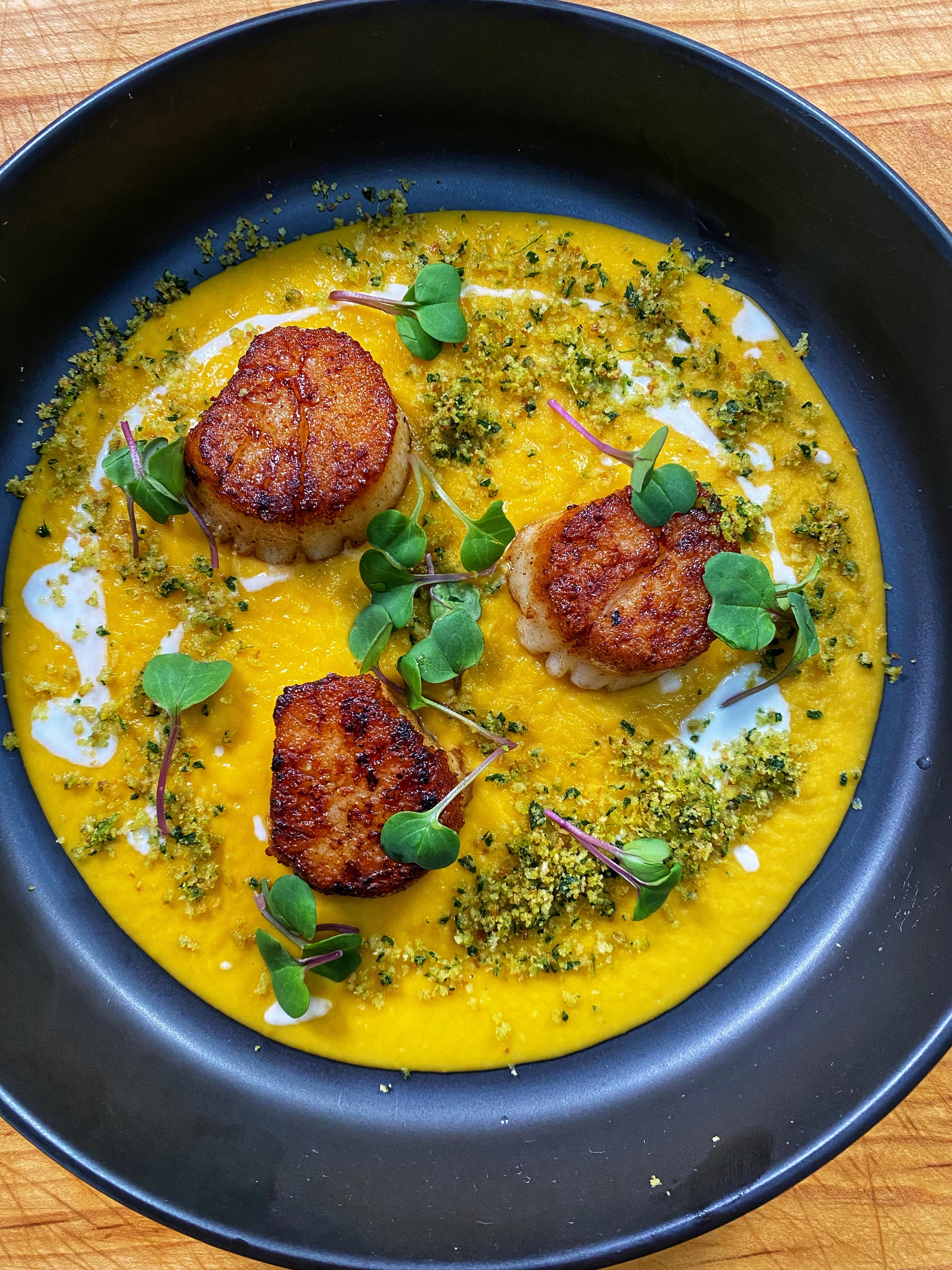 Scallops, Butternut Squash Puree, Pine Nut Gremolata | Provecho